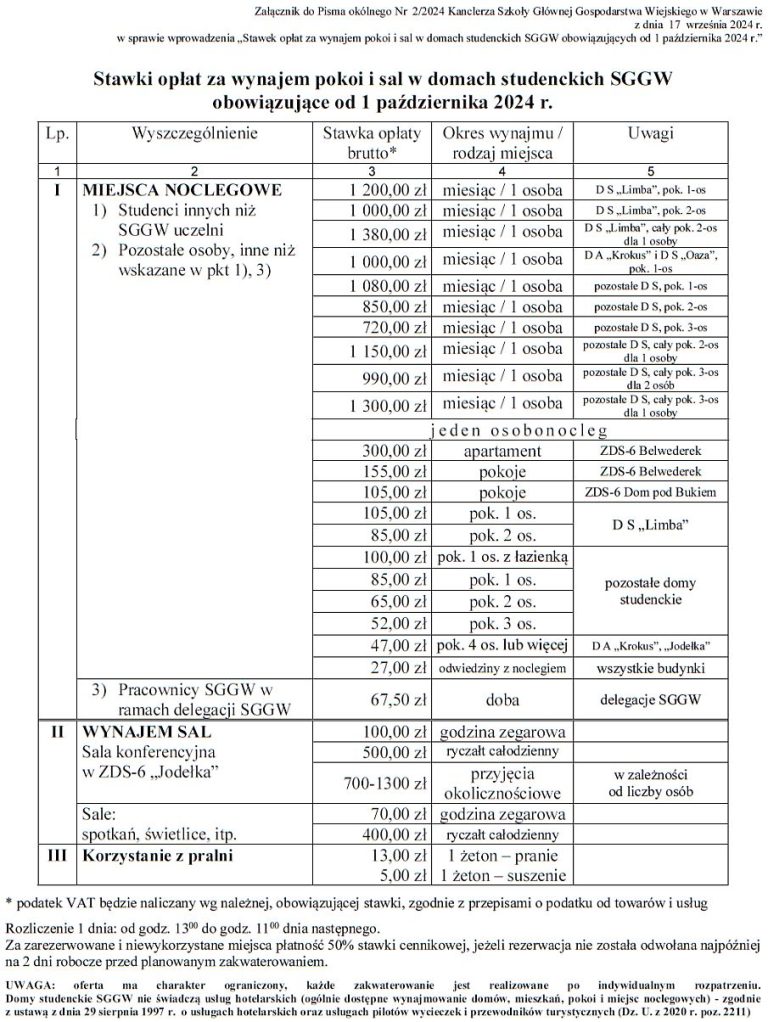 Cennik - Administracja Domów i Stołówek Studenckich SGGW