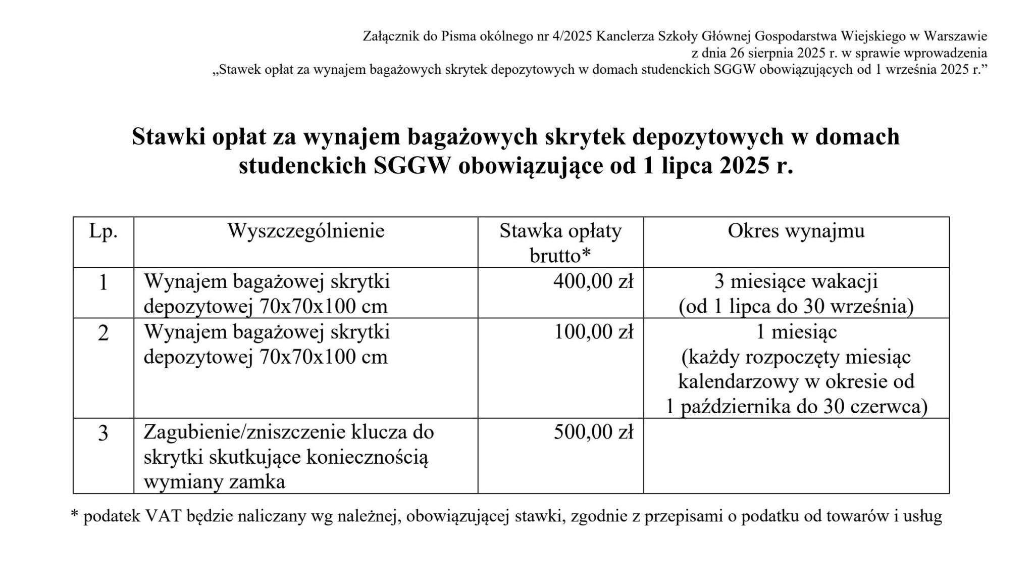 Cennik - Administracja Domów i Stołówek Studenckich SGGW